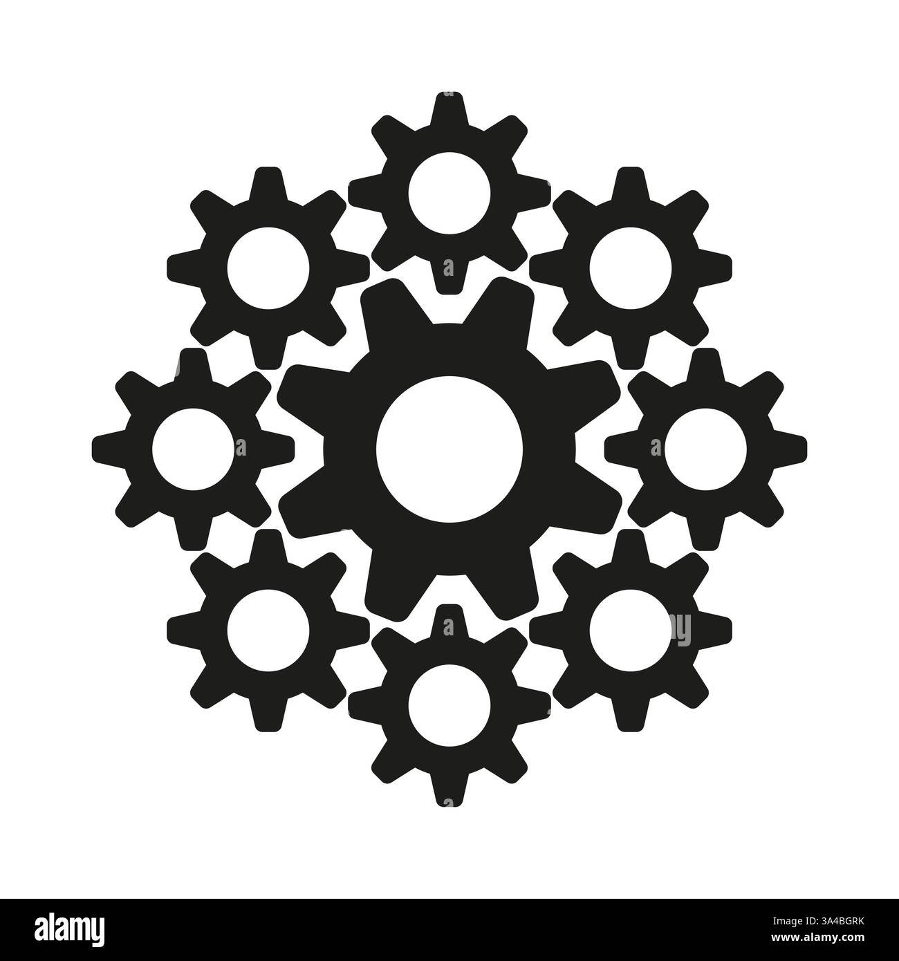Gear cluster icon. Multiple cogwheel shapes. Black mechanical design. Industrial engineering ...