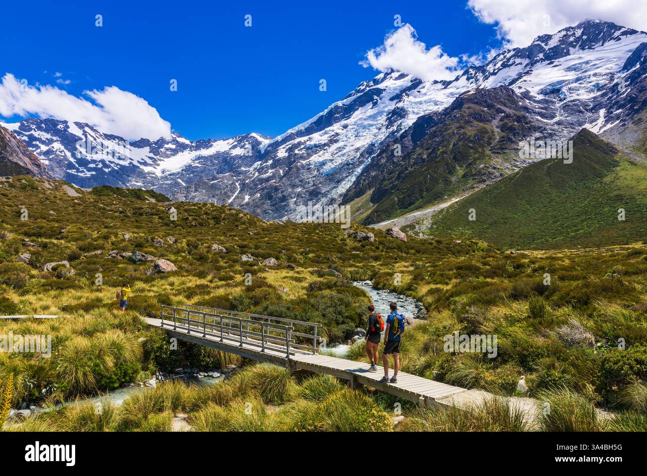 Hikers and the Hooker Valley Track under Mount Sefton, Aoraki Mount ...