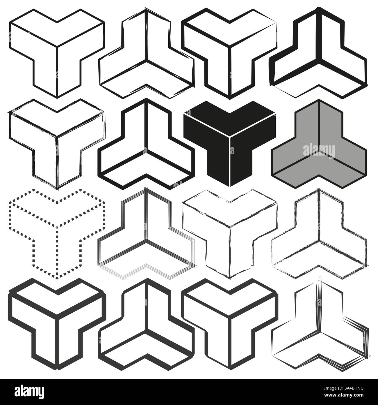 Isometric shape collection. Geometric abstract forms. Black and white ...