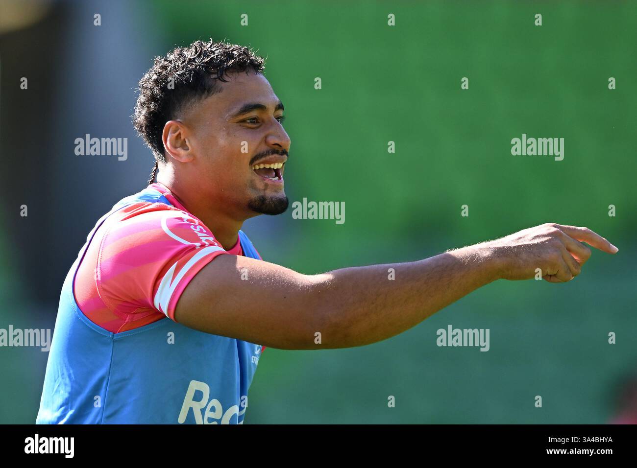 Melbourne, Australia. 19th Mar, 2025. Eliesa Katoa of the Storm reacts ...