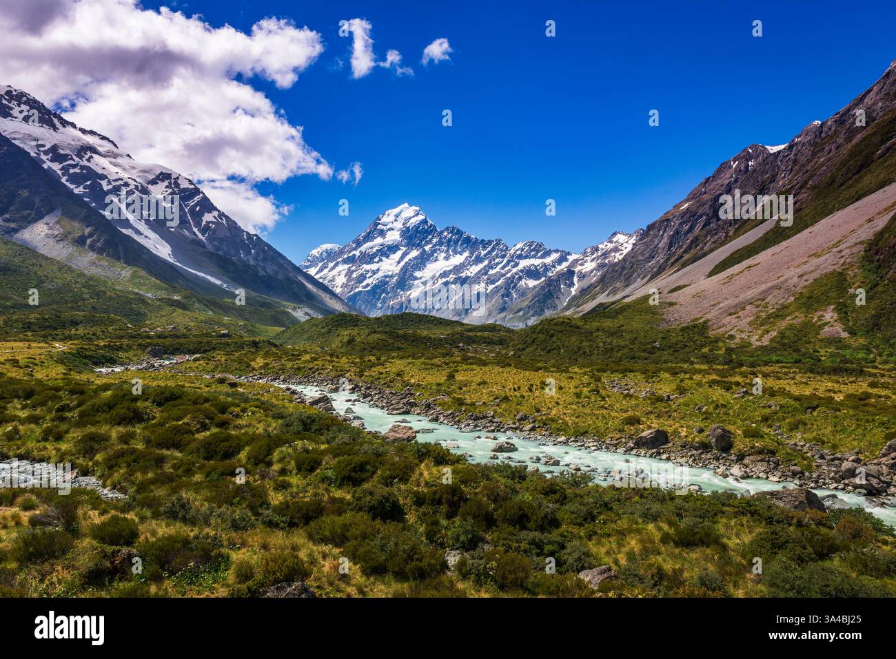 The Hooker River under Mount Cook, Aoraki Mount Cook National Park ...