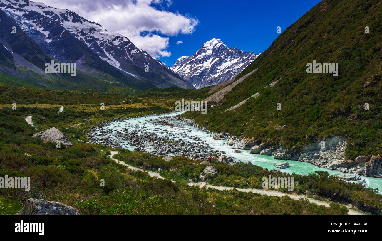 The Hooker Valley Track and Hooker River under Mount Cook, Aoraki Mount ...