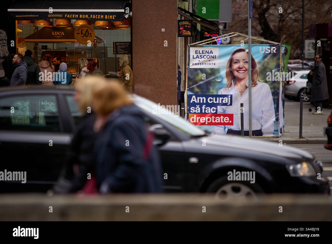 Bucharest, Romania. 18th Mar, 2025: A tent banner from the 2025 ...