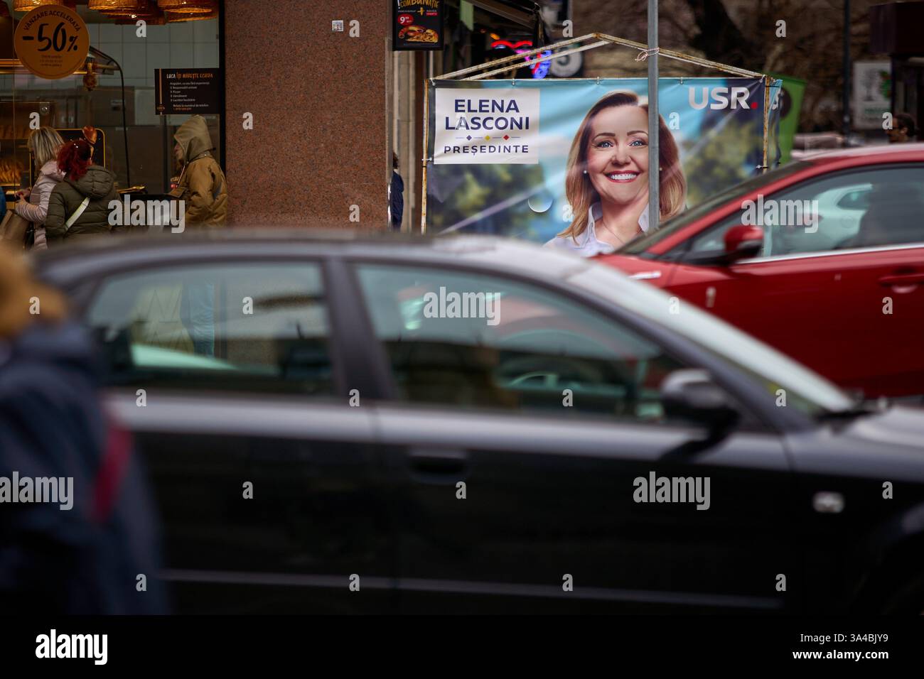 Bucharest, Romania. 18th Mar, 2025: A tent banner from the 2025 Romanian presidential election ...