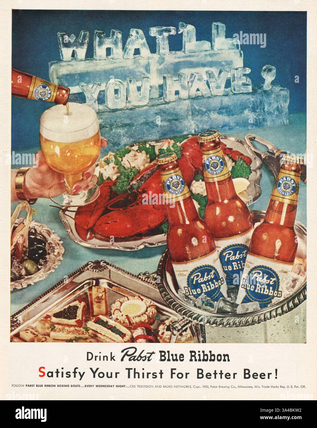 1952 U.S. Magazine Pabst Blue Ribbon Beer Advert Stock Photo - Alamy