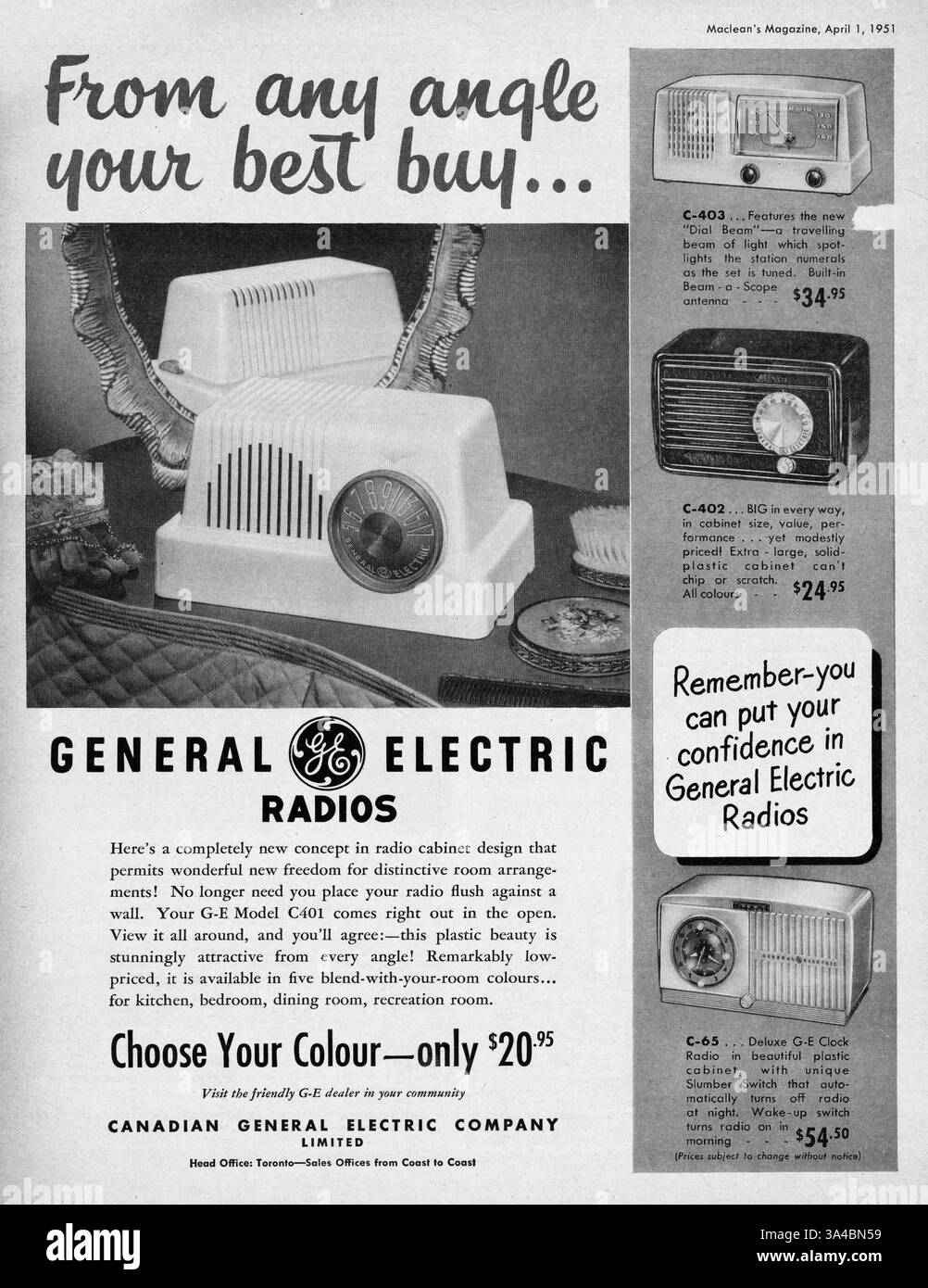 1951 canadian magazine general electric radio ad hi-res stock ...