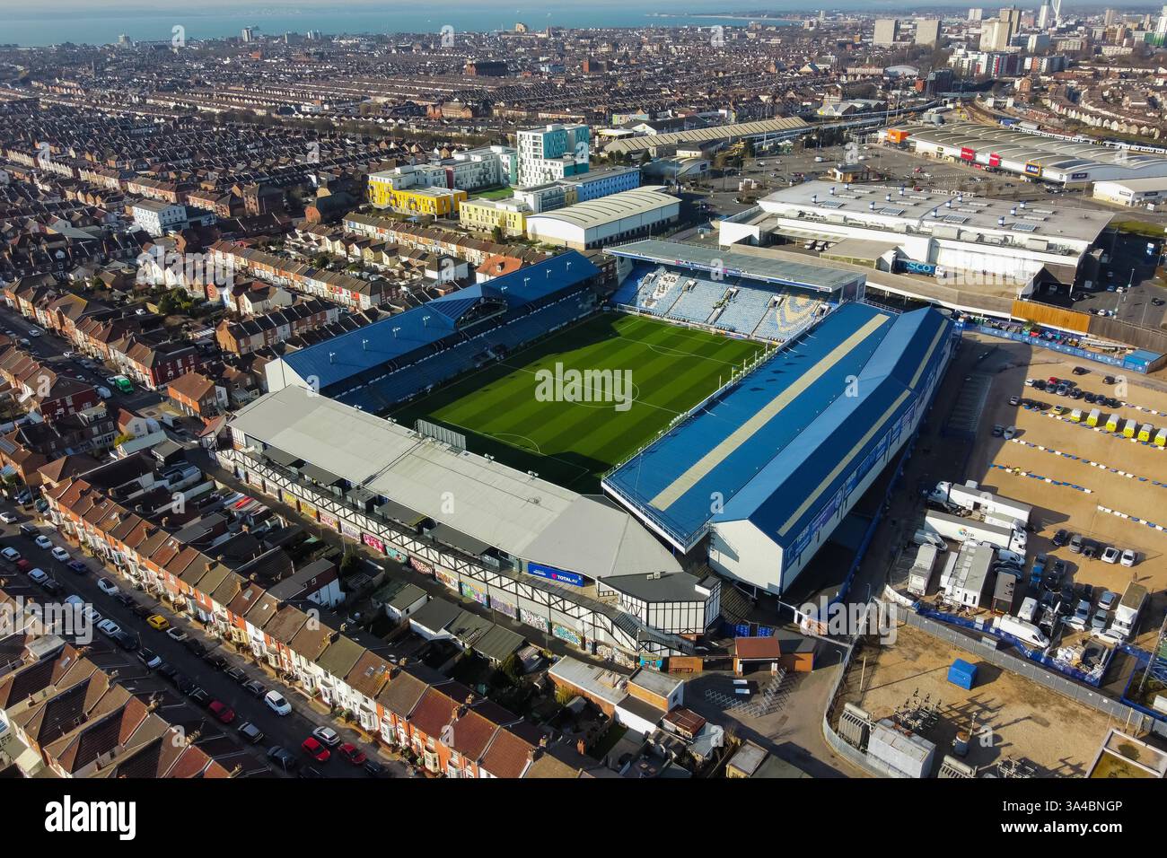 General aerial view of Fratton Park Stadium, home of EFL Championship ...