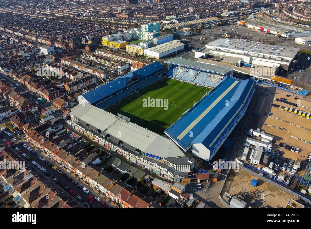 General aerial view of Fratton Park Stadium, home of EFL Championship ...