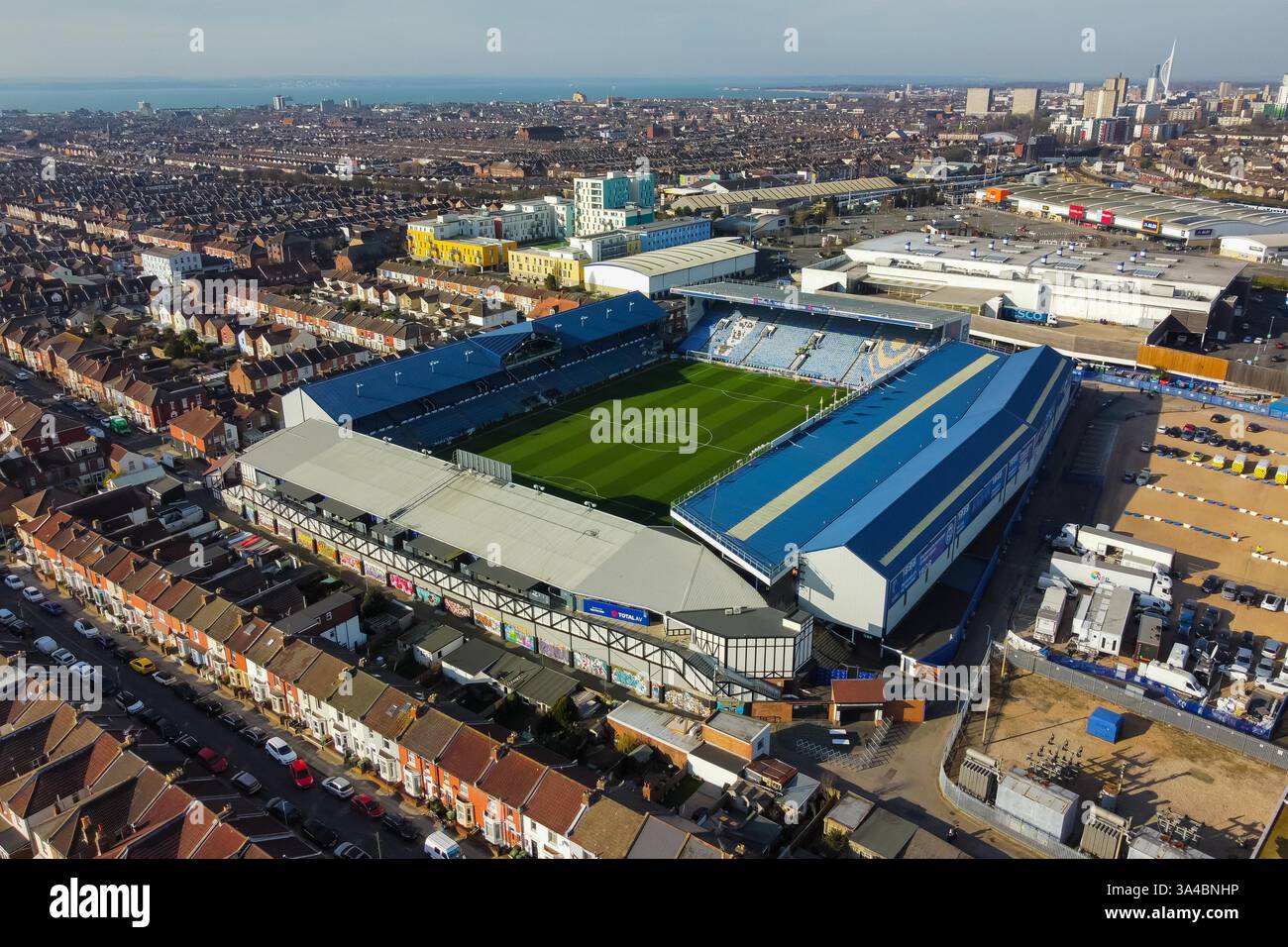 General aerial view of Fratton Park Stadium, home of EFL Championship ...