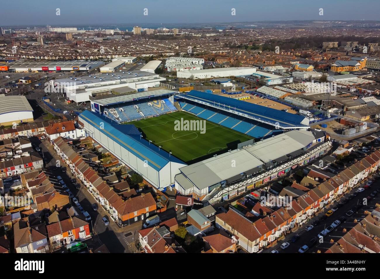 General aerial view of Fratton Park Stadium, home of EFL Championship ...