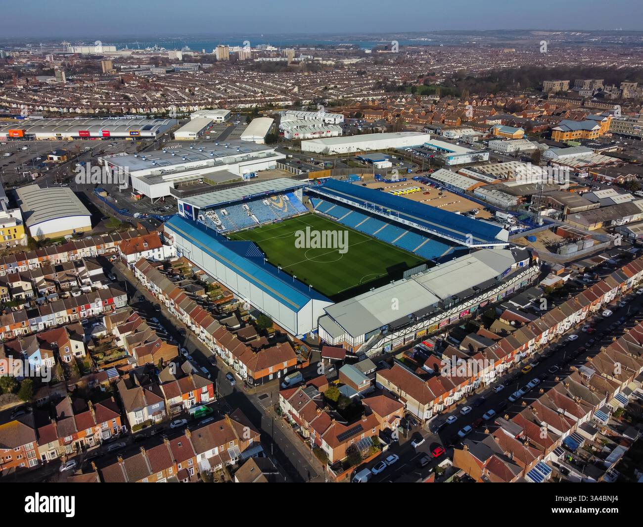 General aerial view of Fratton Park Stadium, home of EFL Championship ...