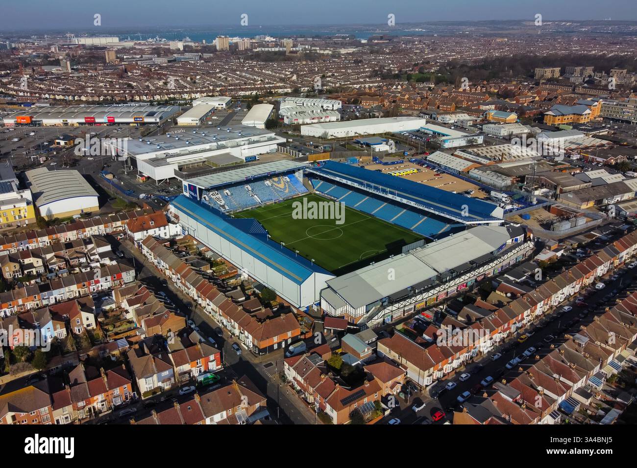 General aerial view of Fratton Park Stadium, home of EFL Championship ...