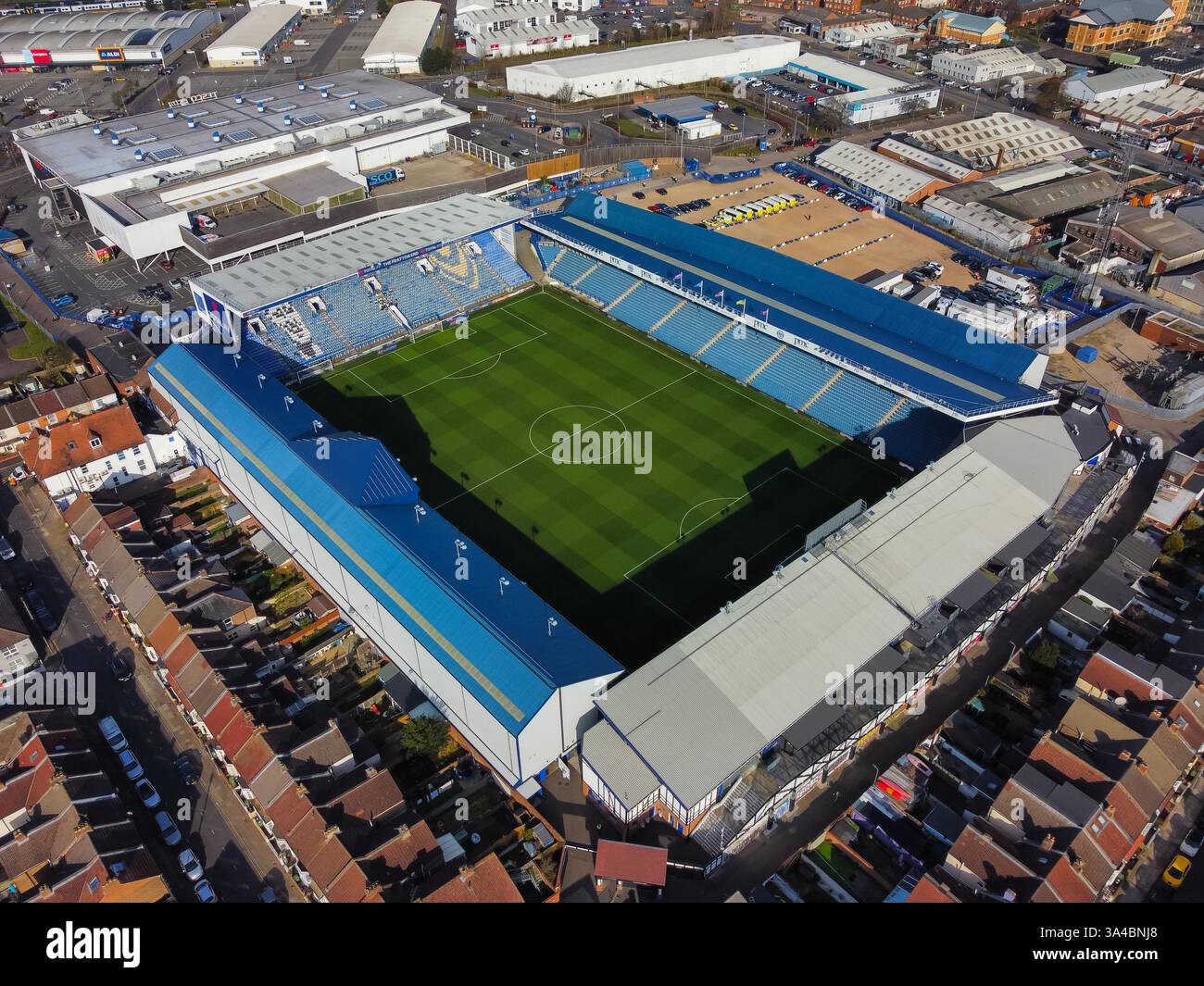 General aerial view of Fratton Park Stadium, home of EFL Championship ...