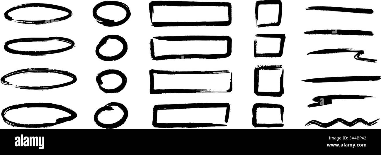 Black charcoal hand drawn shape and frame set. Square and round ...