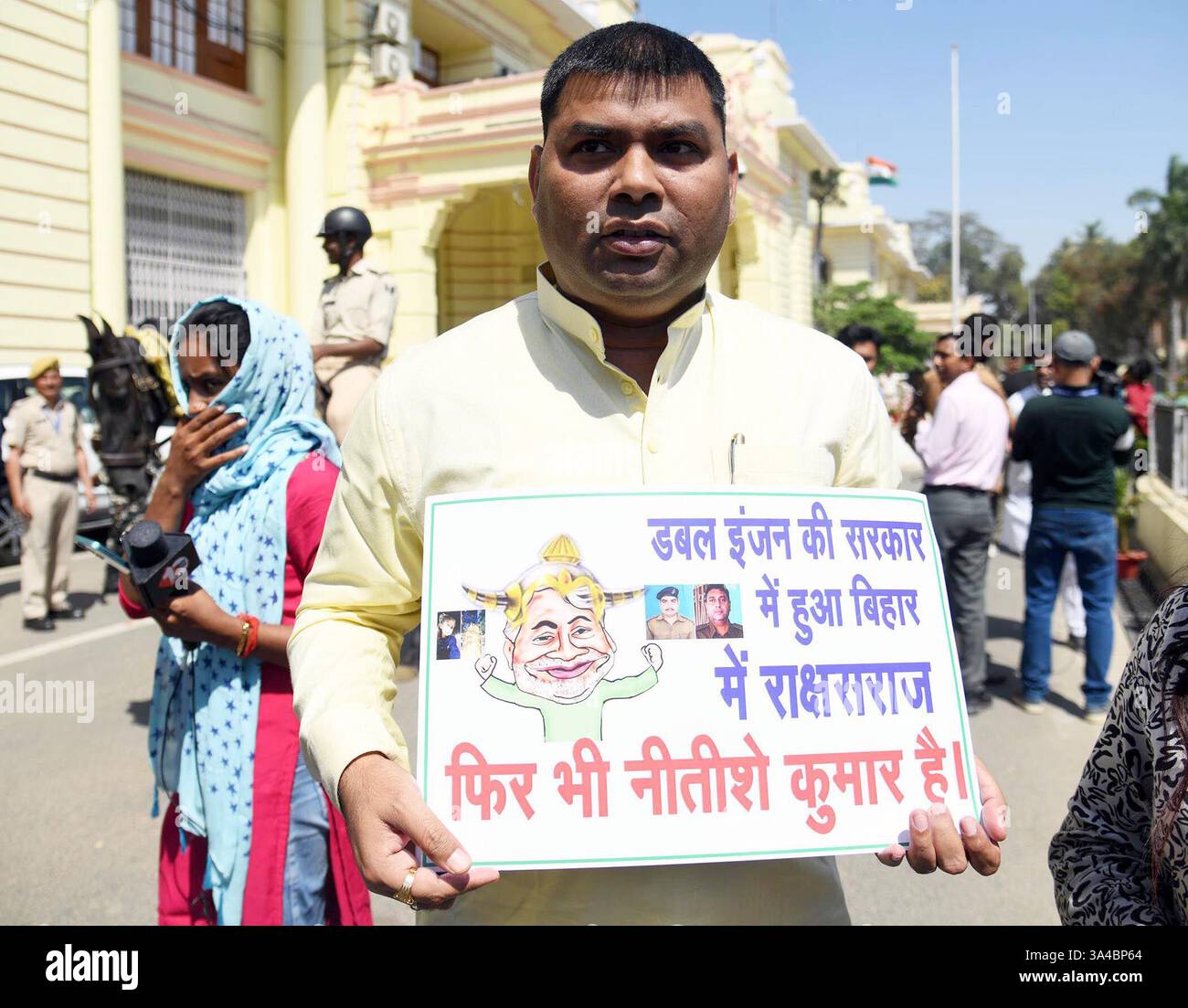 India. 18th Mar, 2025. PATNA, INDIA - MARCH 18: RJD MLA Mukesh Raushan demonstrating outside ...
