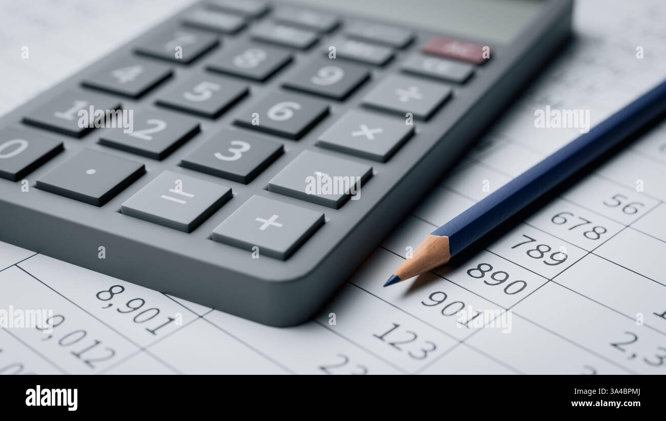 Check finances with a calculator on desk, 3d rendering Stock Photo - Alamy