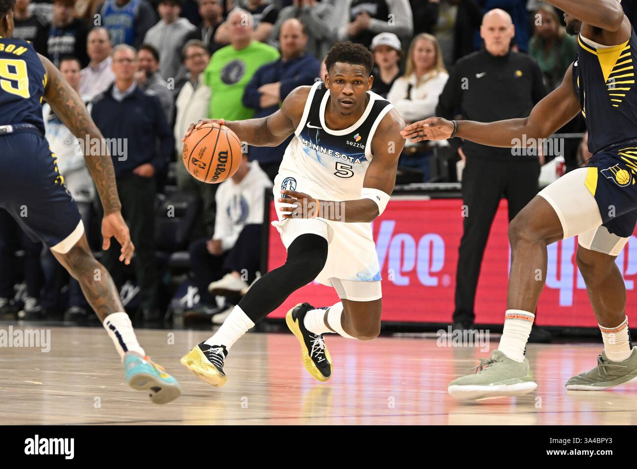 Minnesota Timberwolves guard Anthony Edwards (5) in action against the Indiana Pacers during the ...