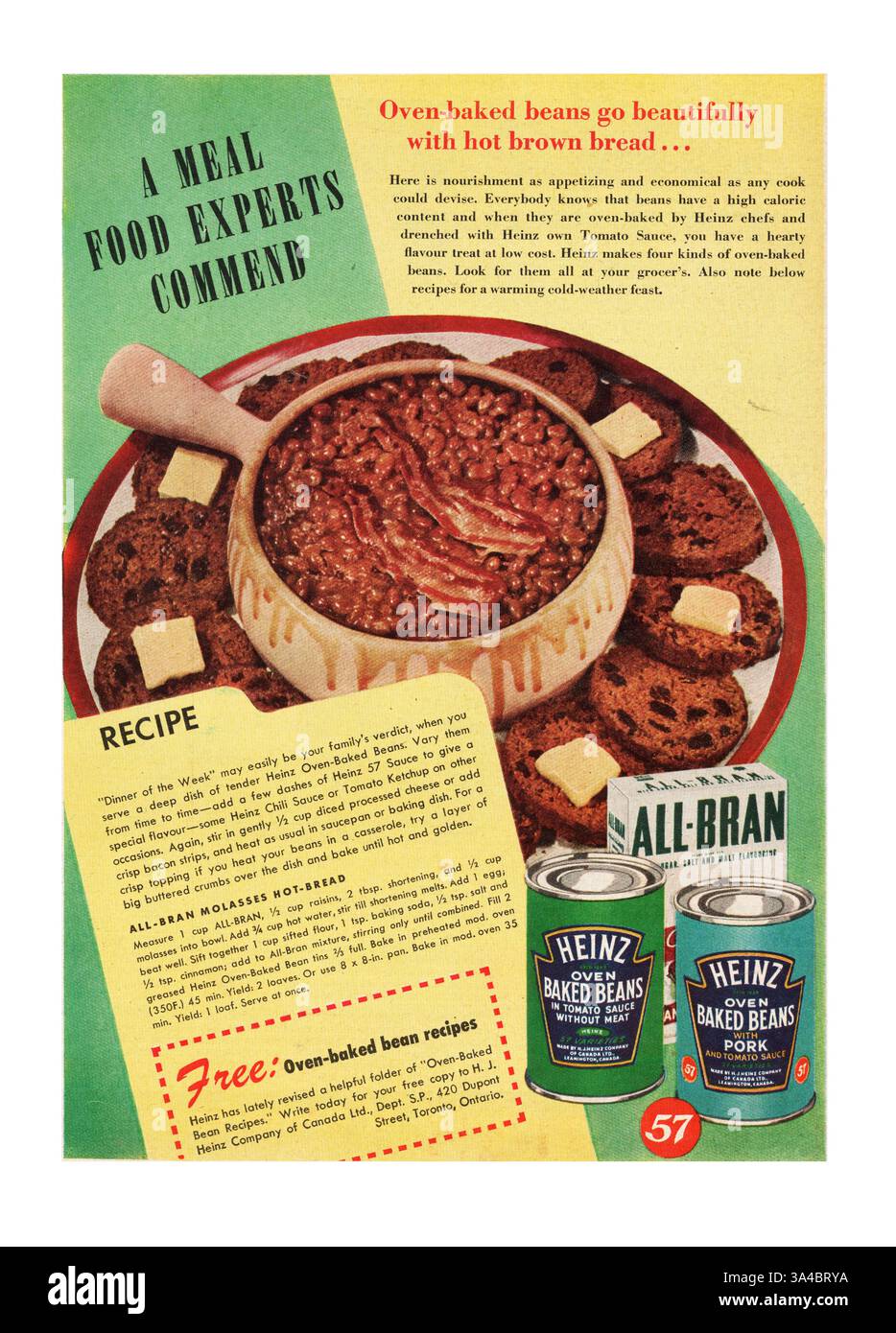 1951 canadian magazine heinz baked beans advert hi-res stock ...