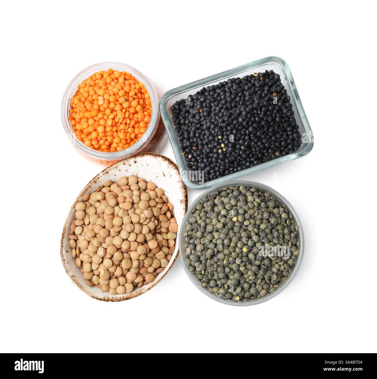 Different types of lentils isolated on white, top view Stock Photo - Alamy