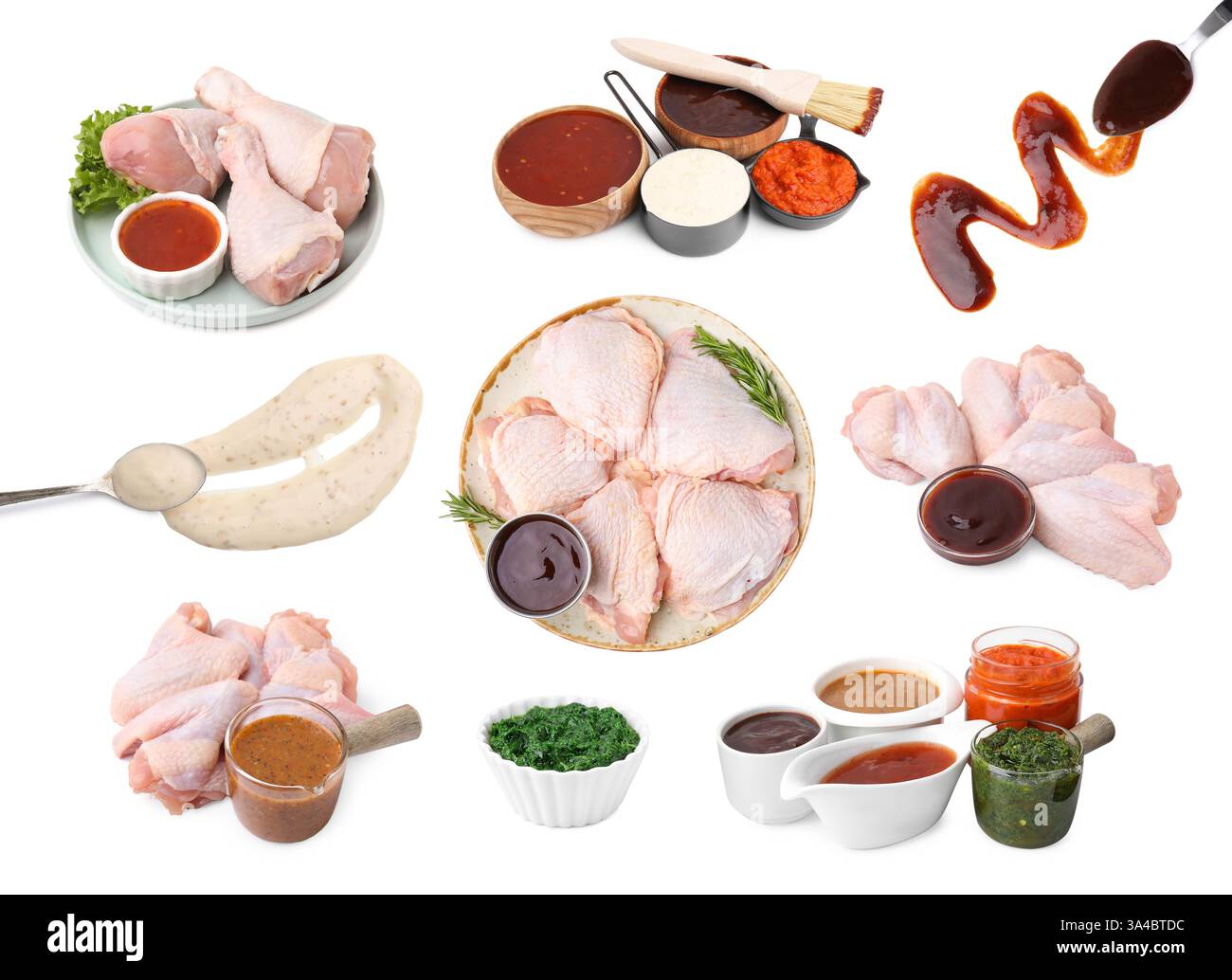 Different types of marinade. Ingredients and raw chicken parts isolated on white, set Stock ...