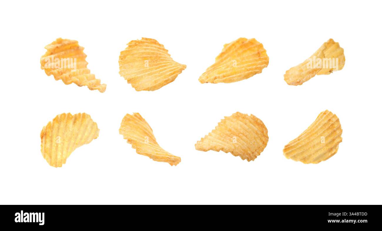 Tasty ridged potato chips on white background, collage Stock Photo - Alamy