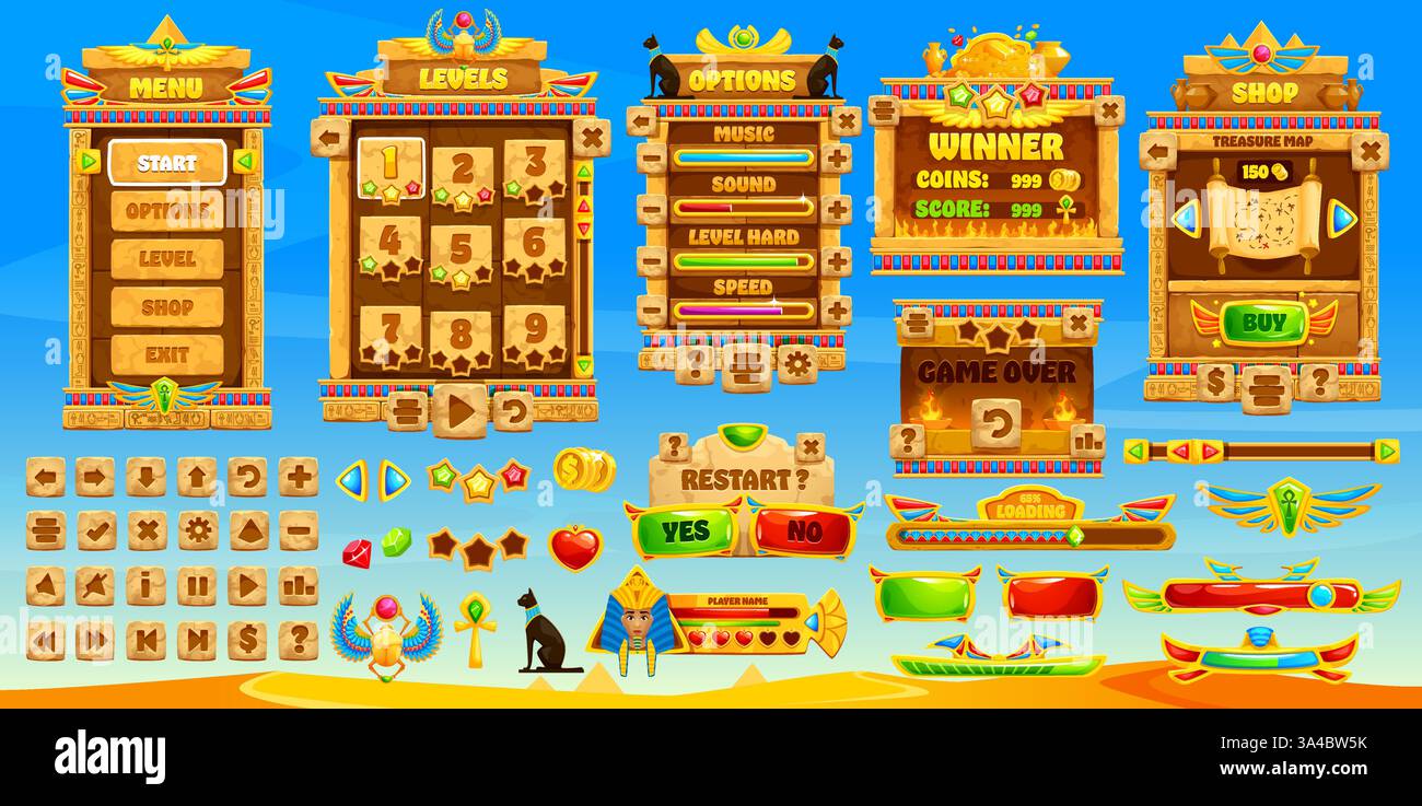 Ancient Egypt game interface, GUI buttons and elements assets, vector ...