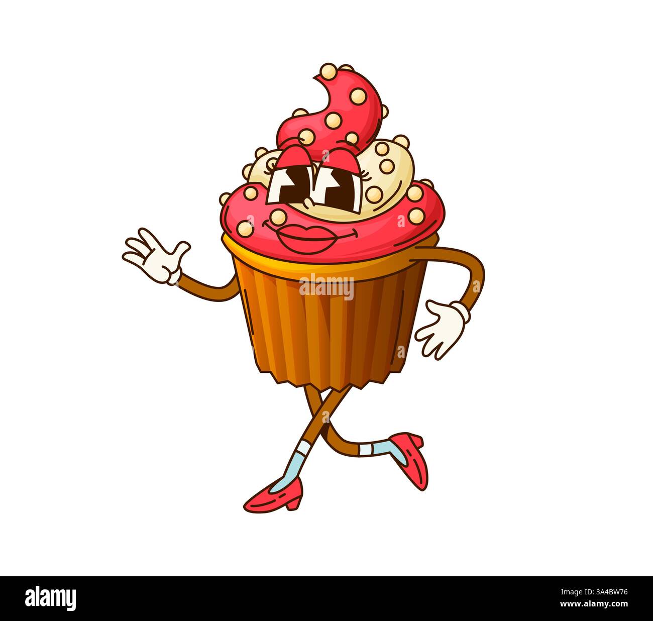 Groovy cupcake muffin cartoon character with funny face, vector sweet ...