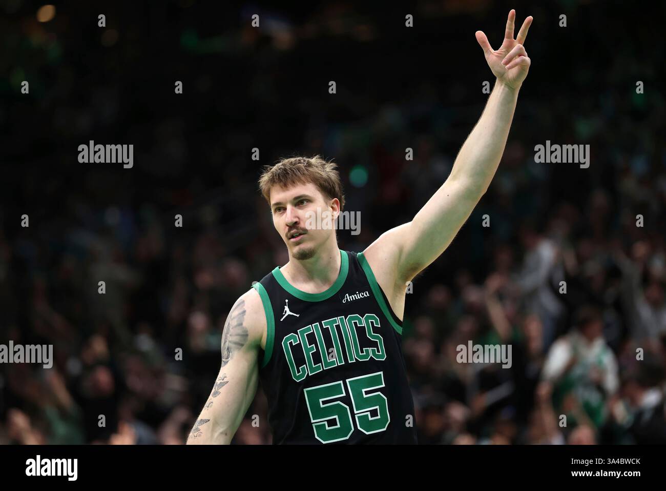 Boston Celtics' Baylor Scheierman celebrates his 3-pointer during ...