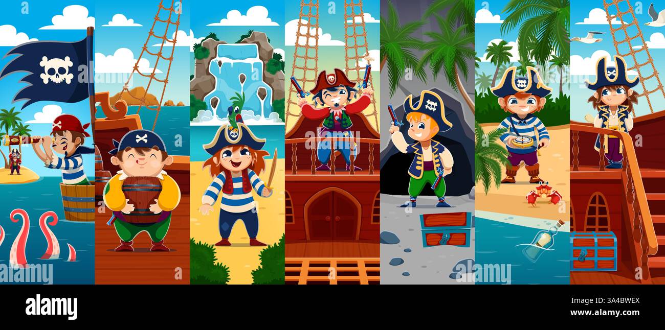 Cartoon kid pirate and corsair funny characters in collage, vector ...