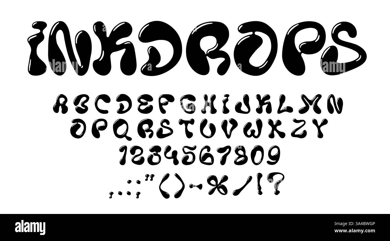Liquid bubble font, y2k 3d letters typeface, funky wavy type, groovy english alphabet. Vector ...