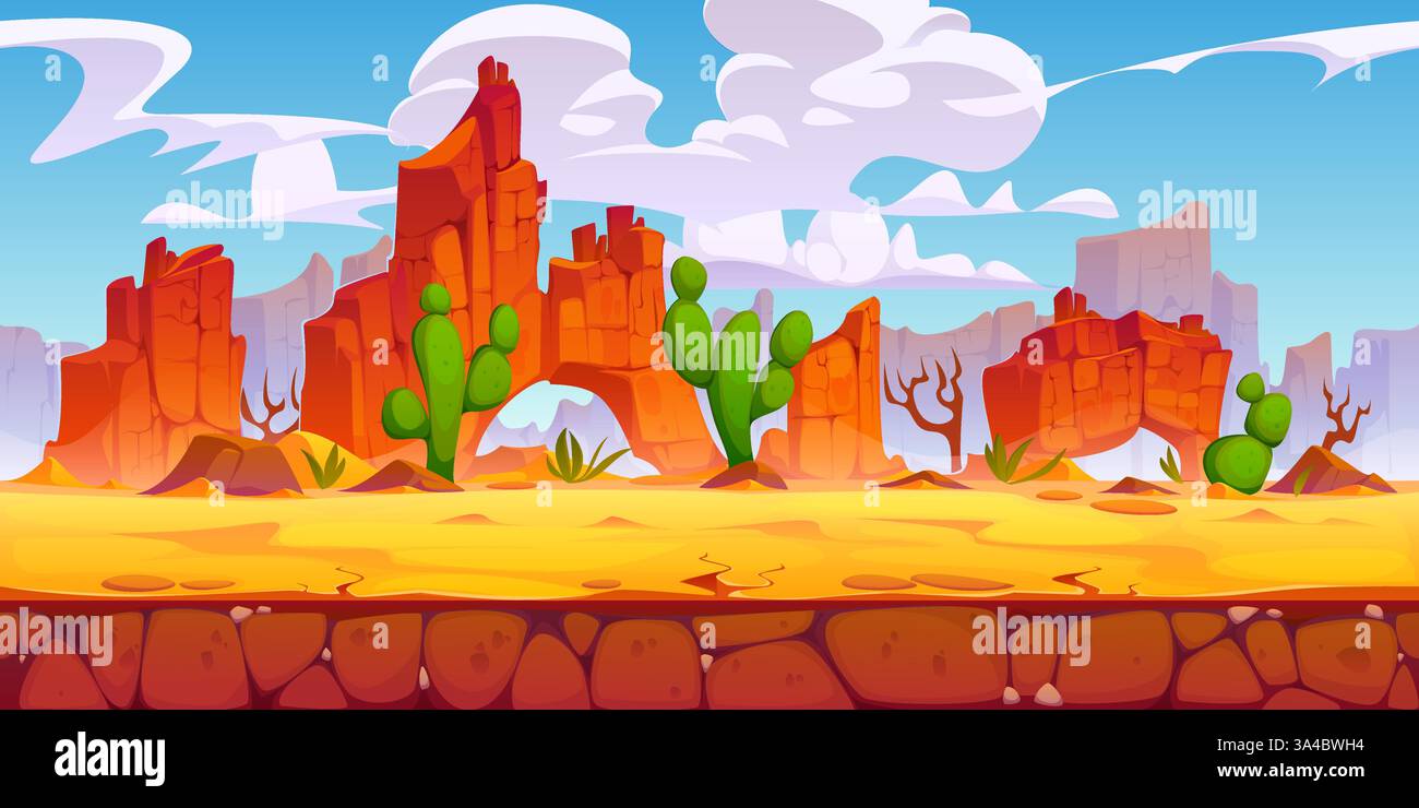 Cartoon Wild West desert landscape with rock and mountains, game ...