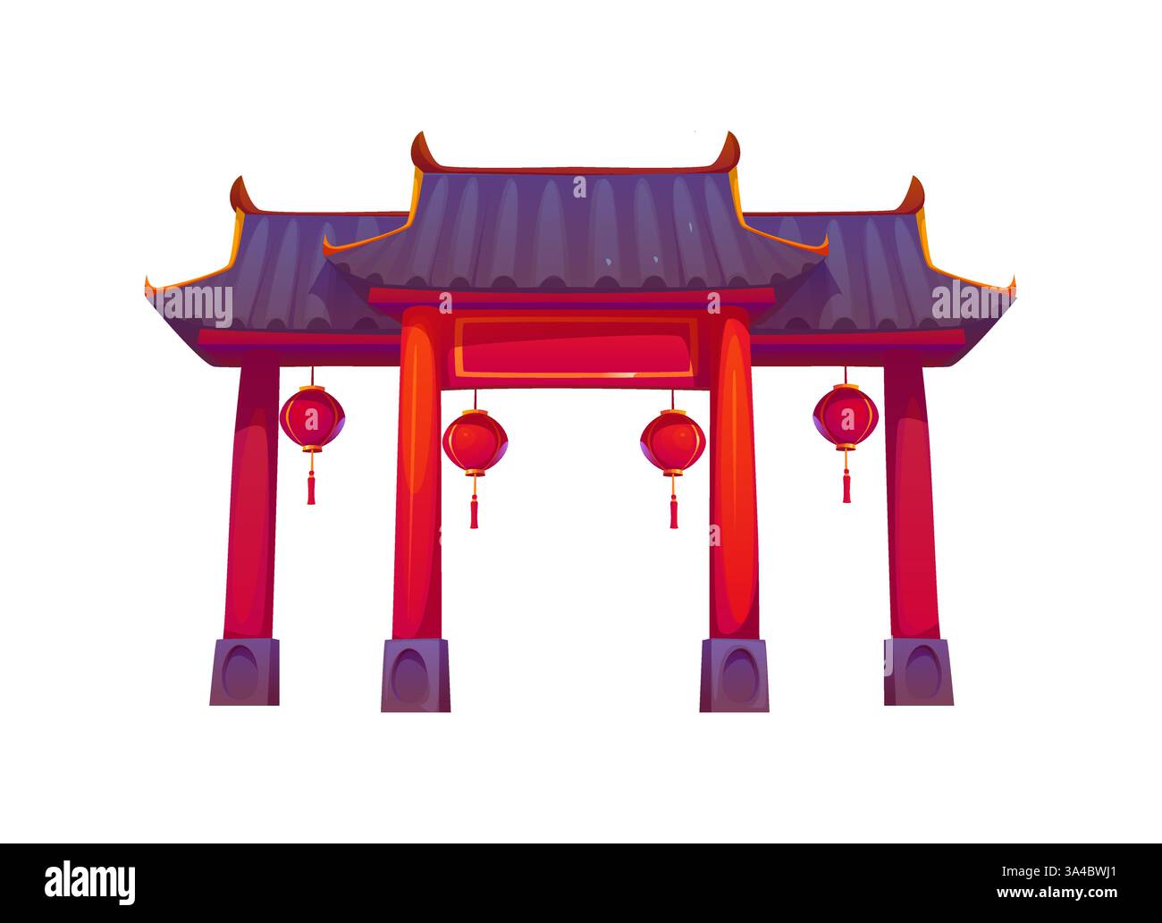 Cartoon traditional Chinese gate paifang with red pillars, dark curved ...