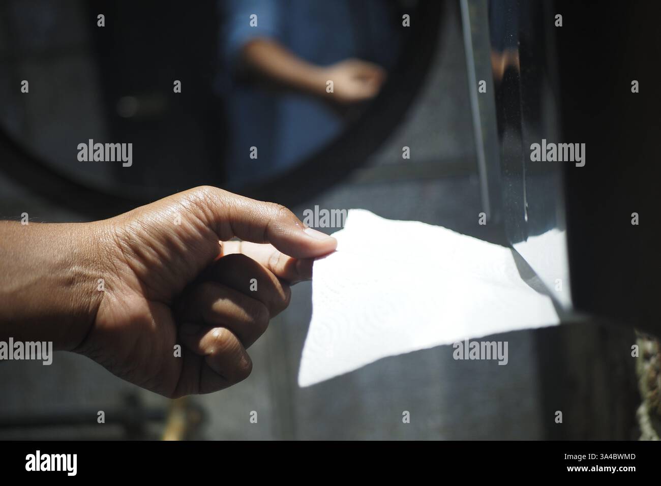 Hand reaching for tissue in a modern bathroom setting Stock Photo - Alamy