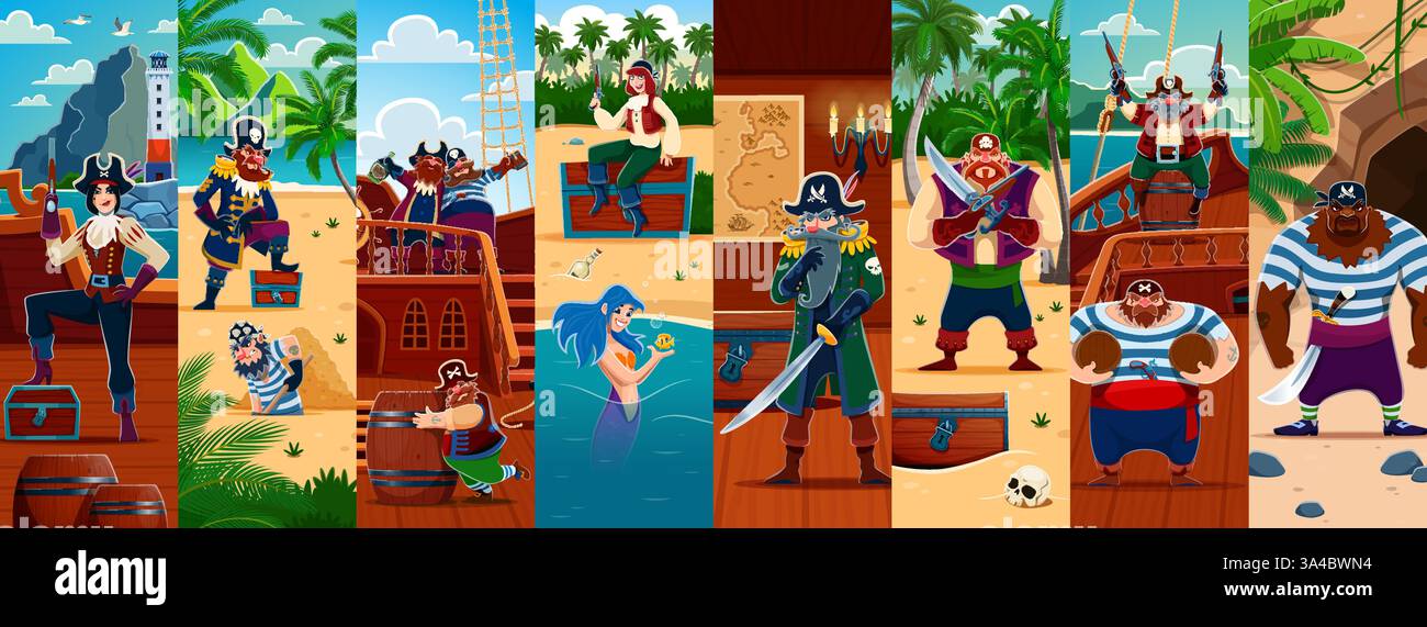 Cartoon pirates and corsair characters of Caribbean treasure island ...
