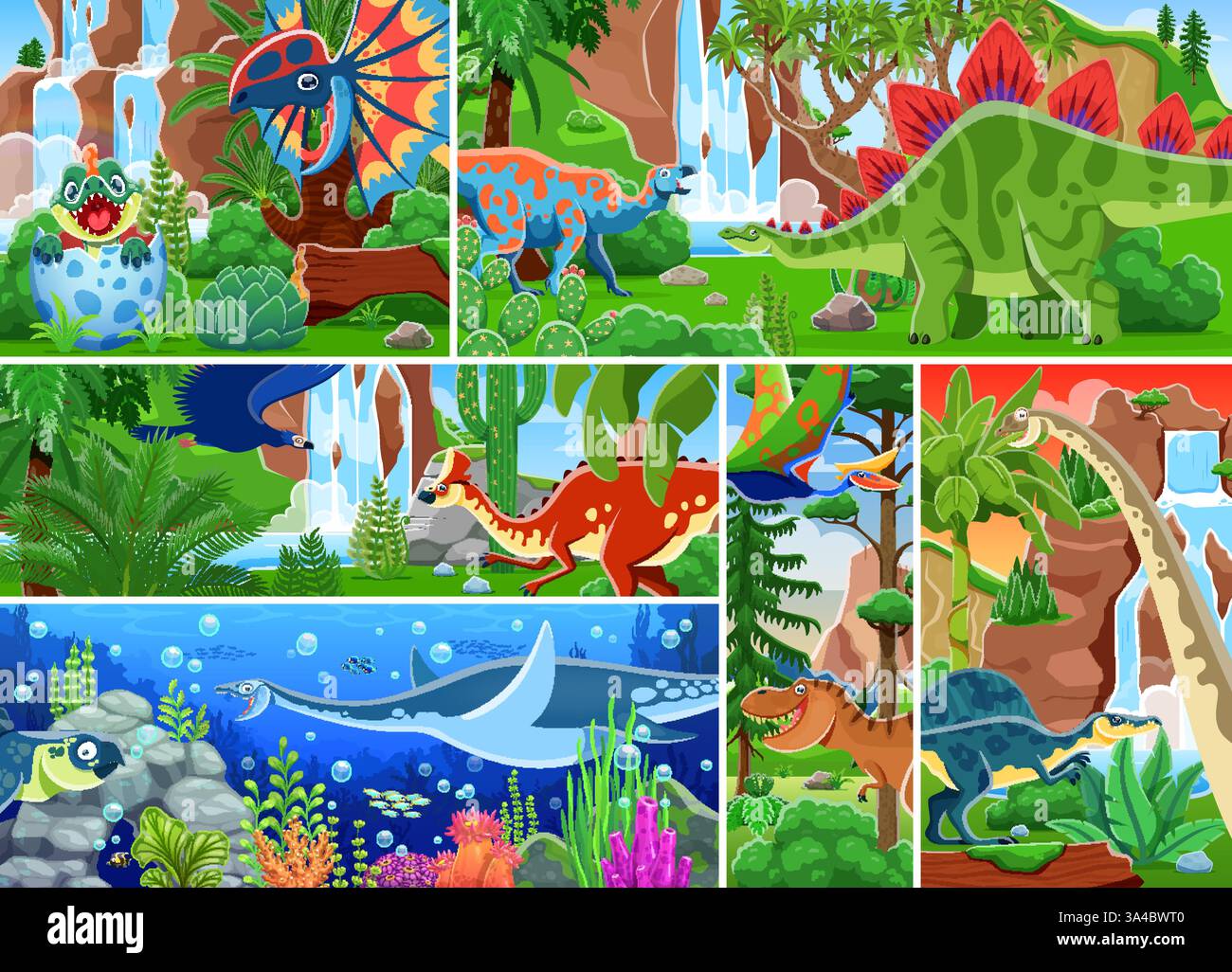 Prehistoric dinosaur characters collage with cartoon Jurassic lizards ...