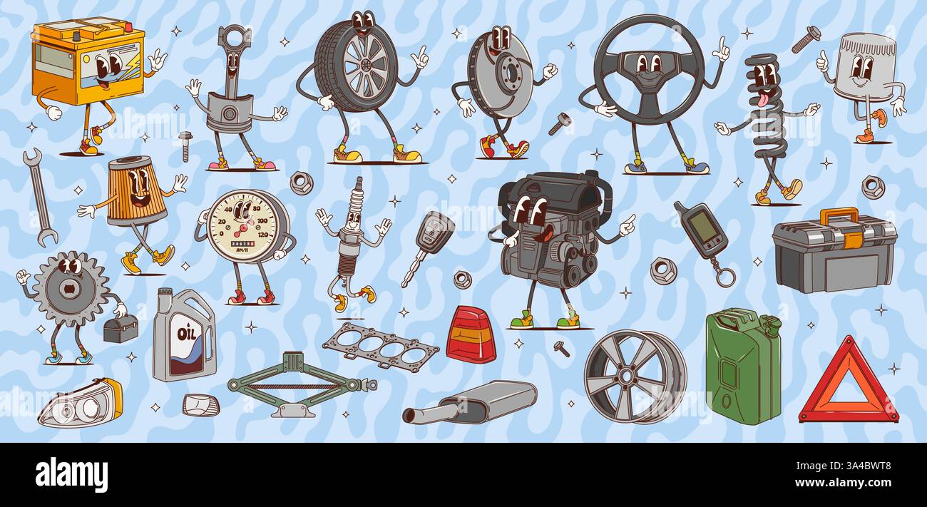 Cartoon groovy car spare parts and tools characters. Psychedelic auto ...