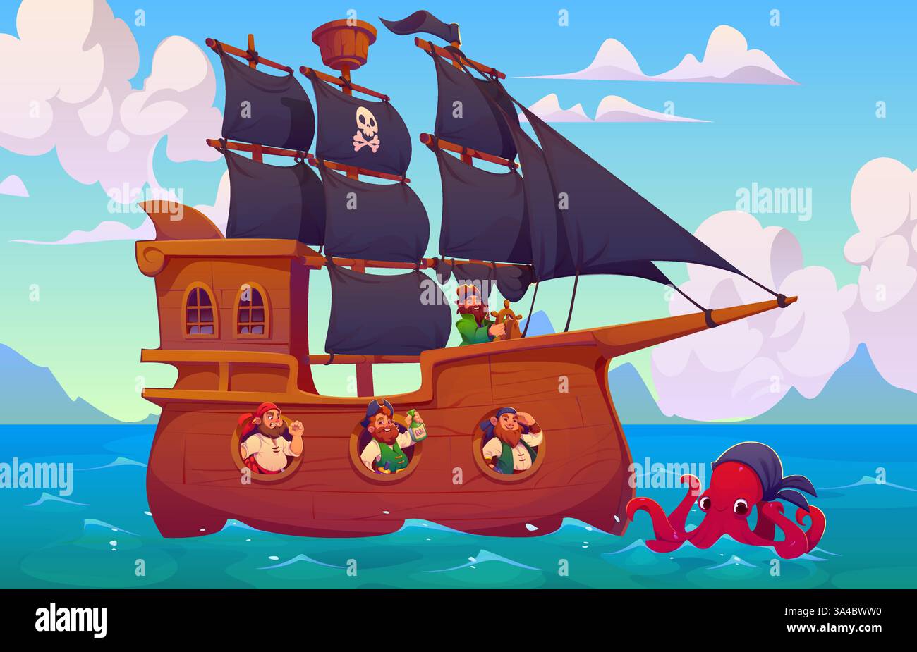 Cartoon pirates ship and giant kraken octopus in sea or ocean, vector ...