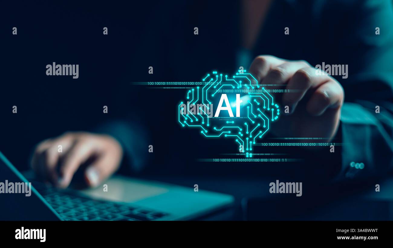 AI Technology Power Artificial Intelligence, Woman Points Pen at AI ...