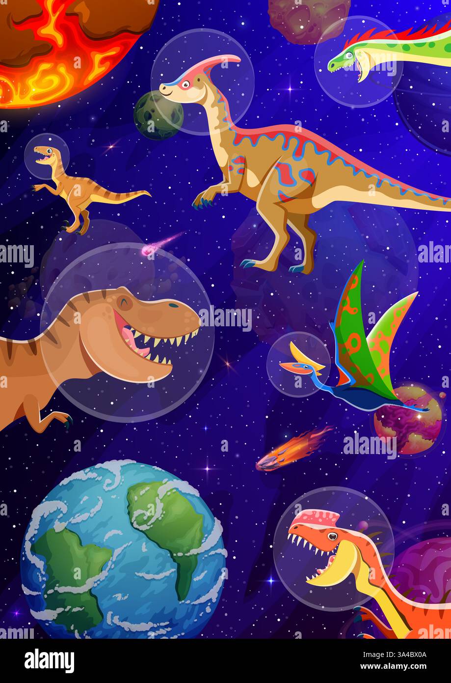 Cartoon dinosaur astronauts characters in outer space vector background ...