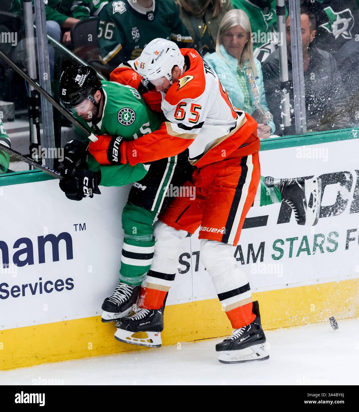 Anaheim Ducks defenseman Jacob Trouba (65) collides with Dallas Stars ...