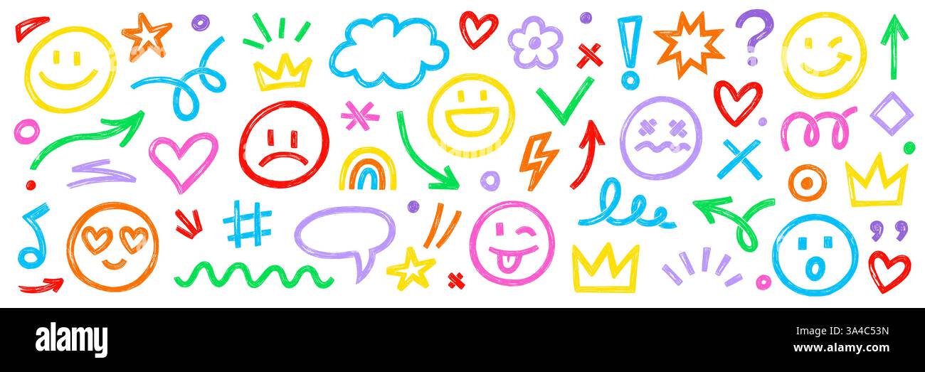 Smile brush hand drawn vector element set. Emoji fun face, heart, crown ...