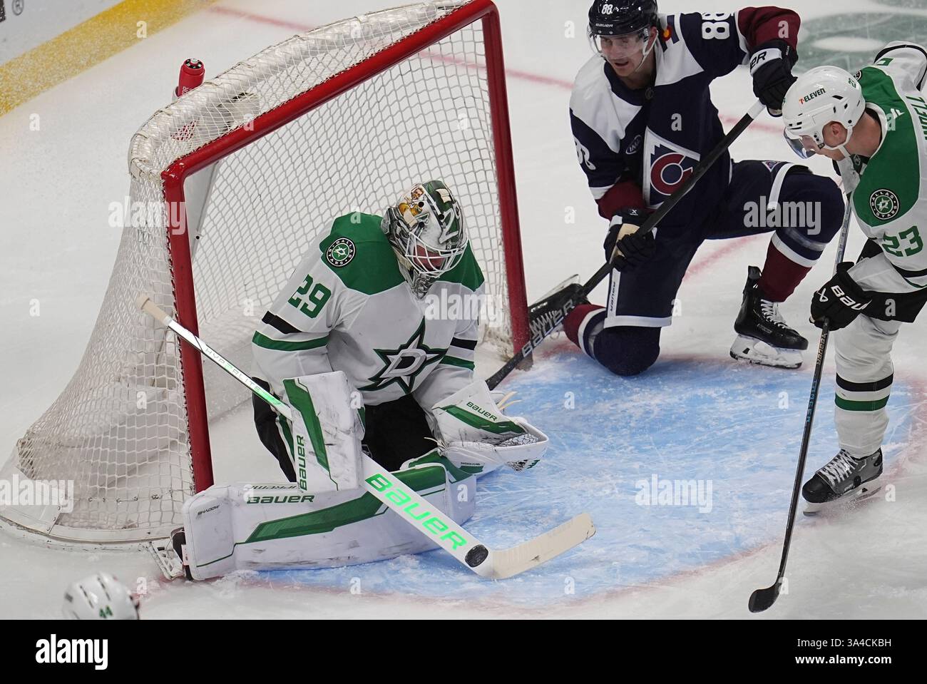 Dallas Stars goaltender Jake Oettinger (29) makes a stick save as ...