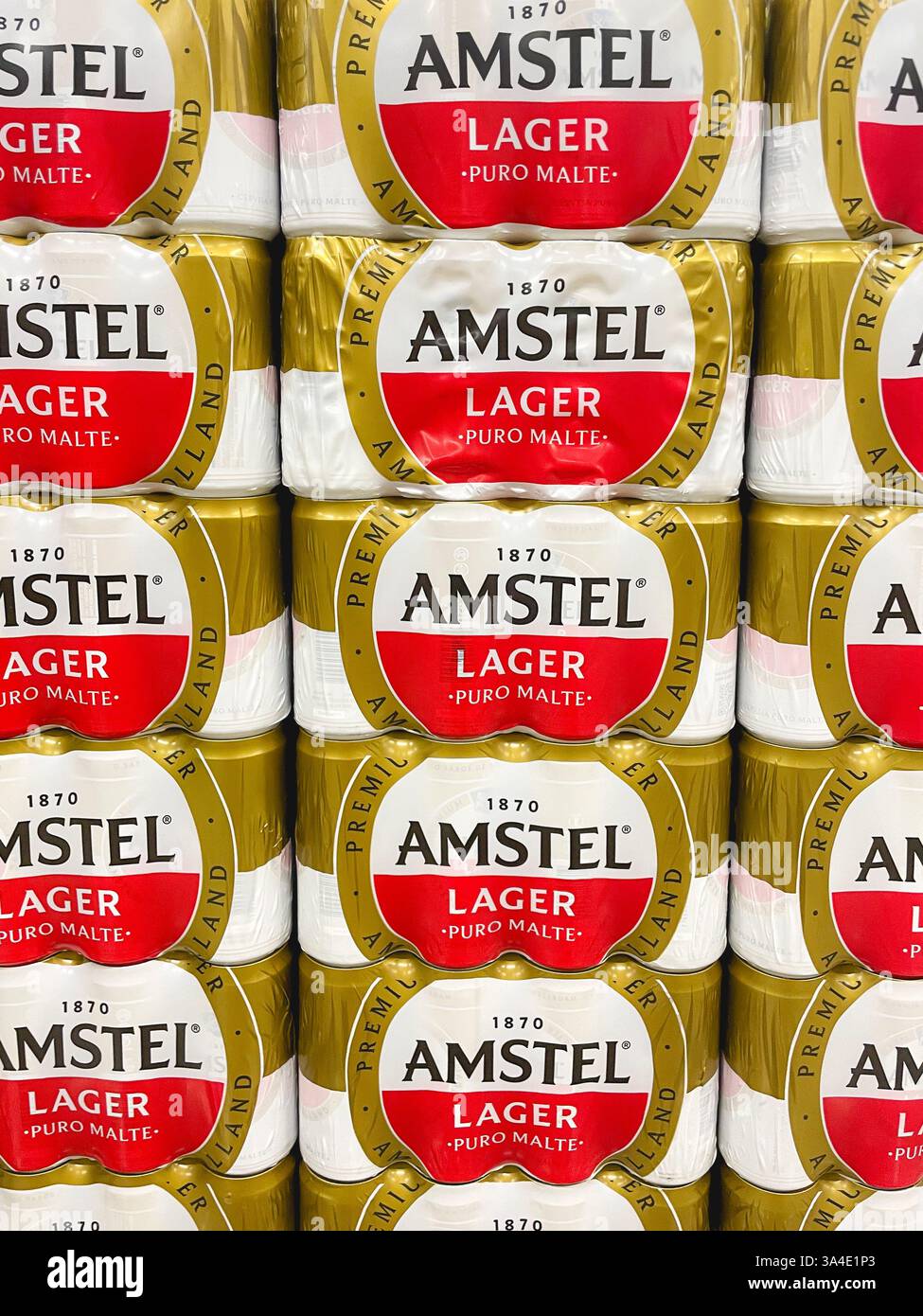 A bunch of Amstel beer cans, in a grocery store in Sao Paulo, Brazil ...