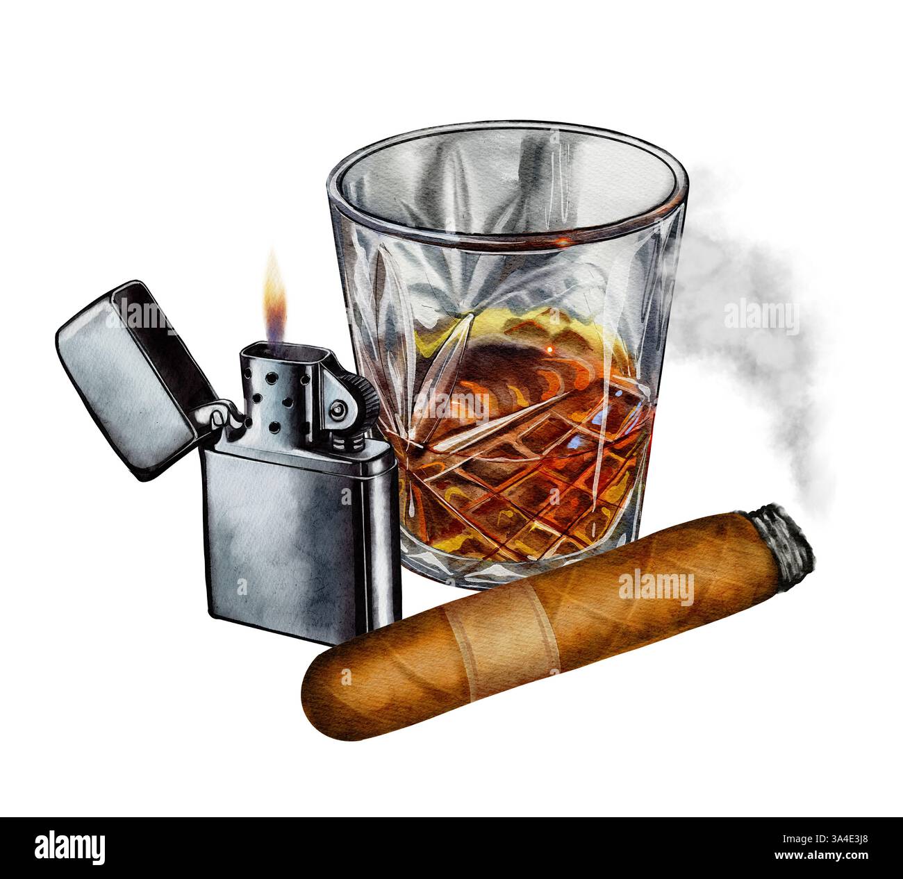 Whiskey glass, burning lighter, and smoking cigar. An atmosphere of ...