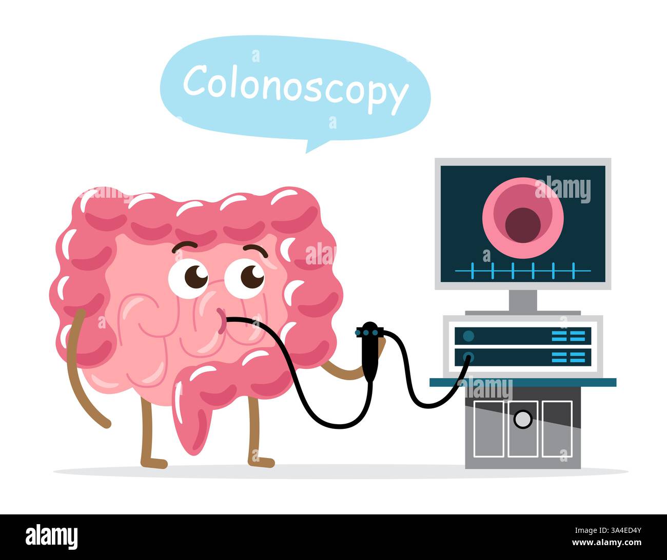 Colonoscopy . Intestine cartoon character and endoscopy machine . White ...