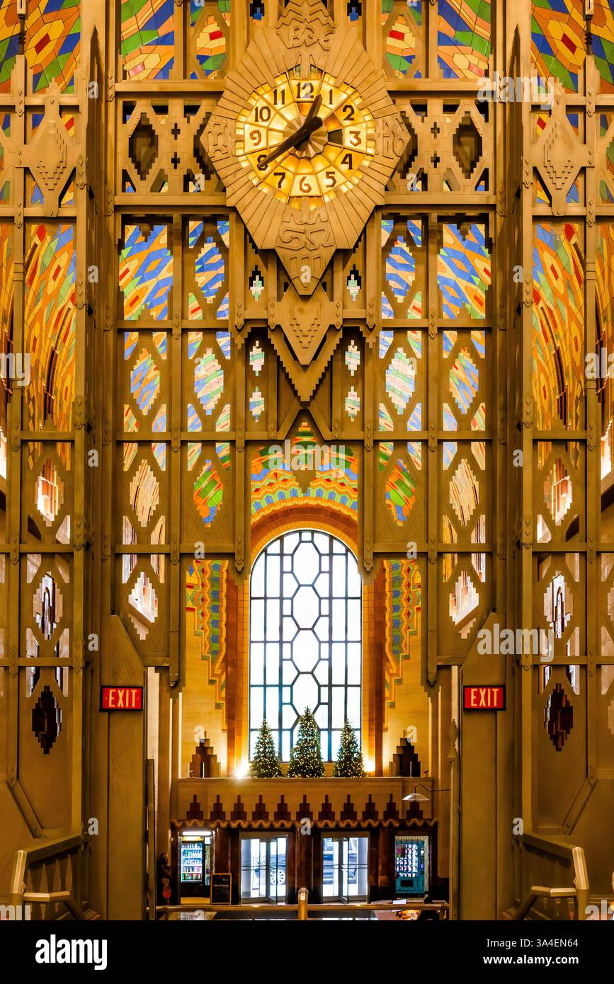 Intricate Monel metal screen and Tiffany clock in the Guardian Building ...