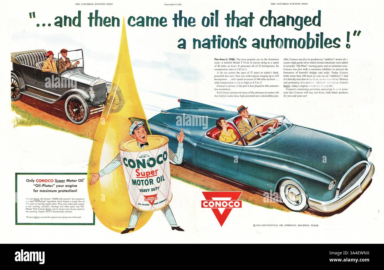 1953 U.S. Magazine Conoco Motor Oil Advert Stock Photo - Alamy