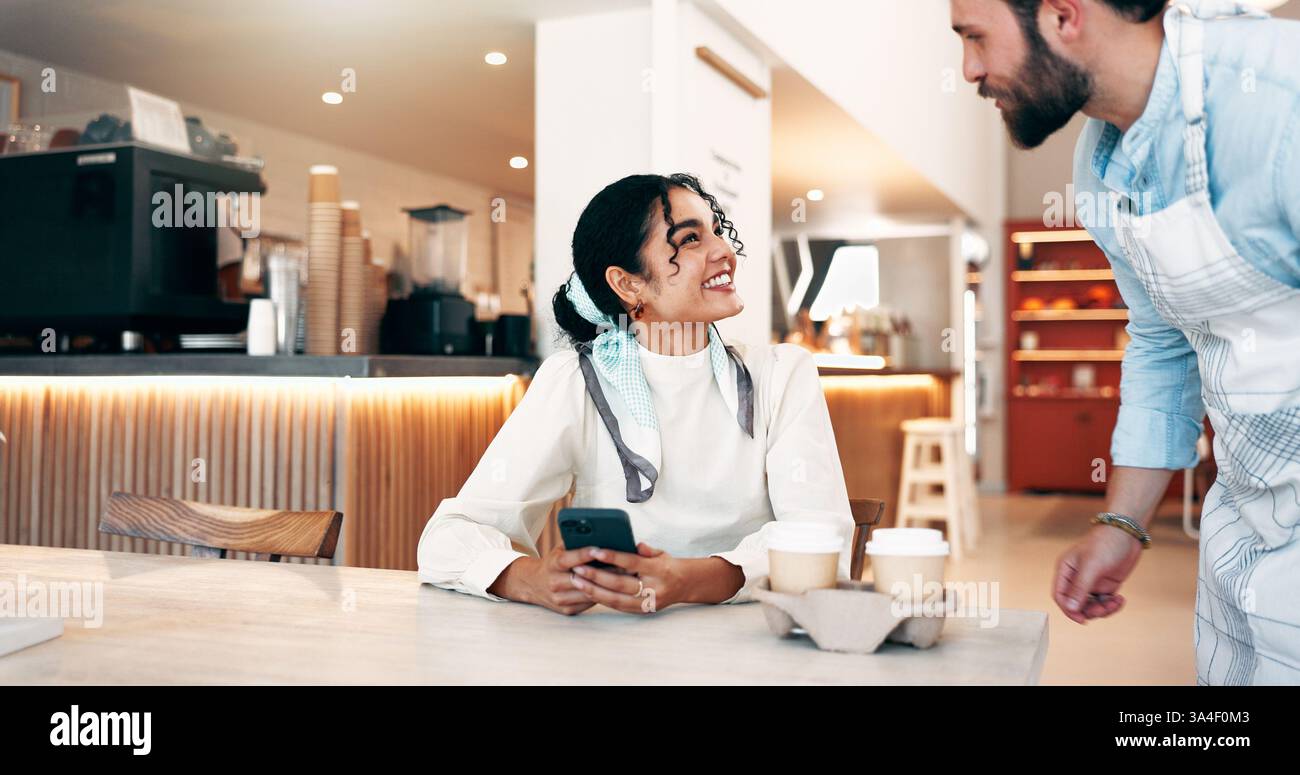 Coffee shop, happy and woman with waiter for service with drink, latte ...