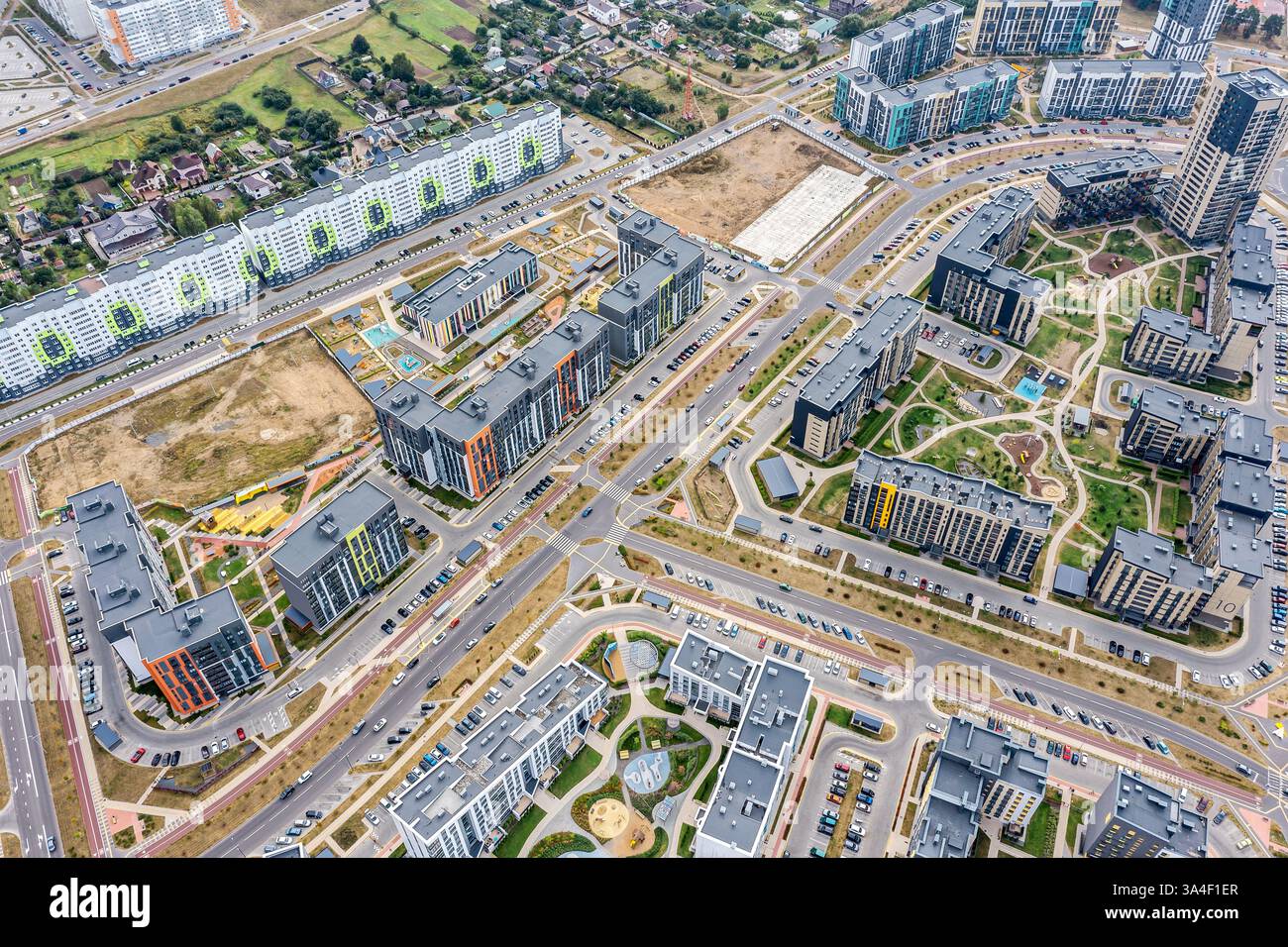 new neighborhood in the city. aerial view of the beginning of the construction of the house and ...