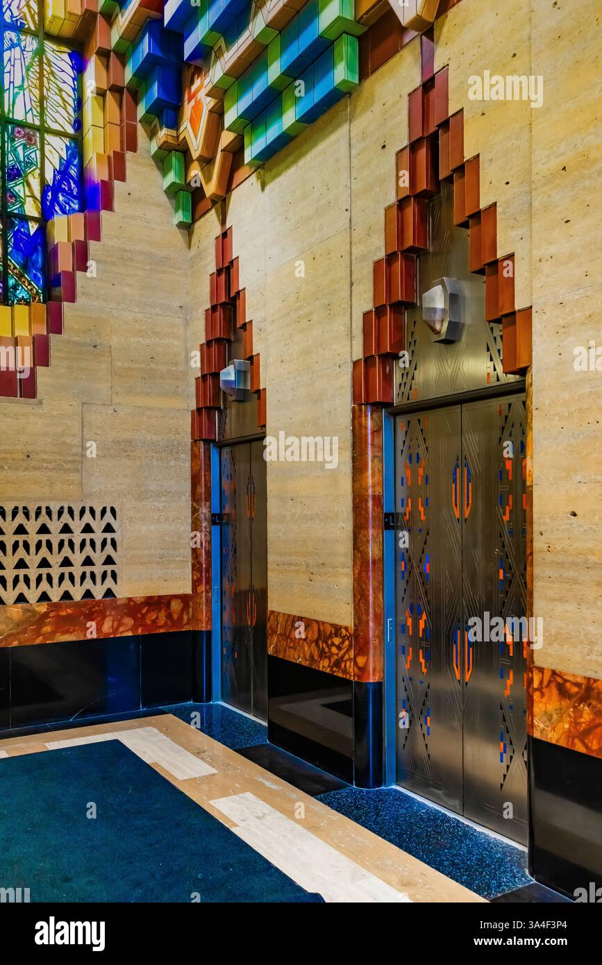 Elevator alcove with Rookwood pottery tiles on the ceiling in the ...